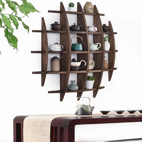 Modern Minimalist Style Solid Wood Chinese Wall Mounted Tea Set Display ...