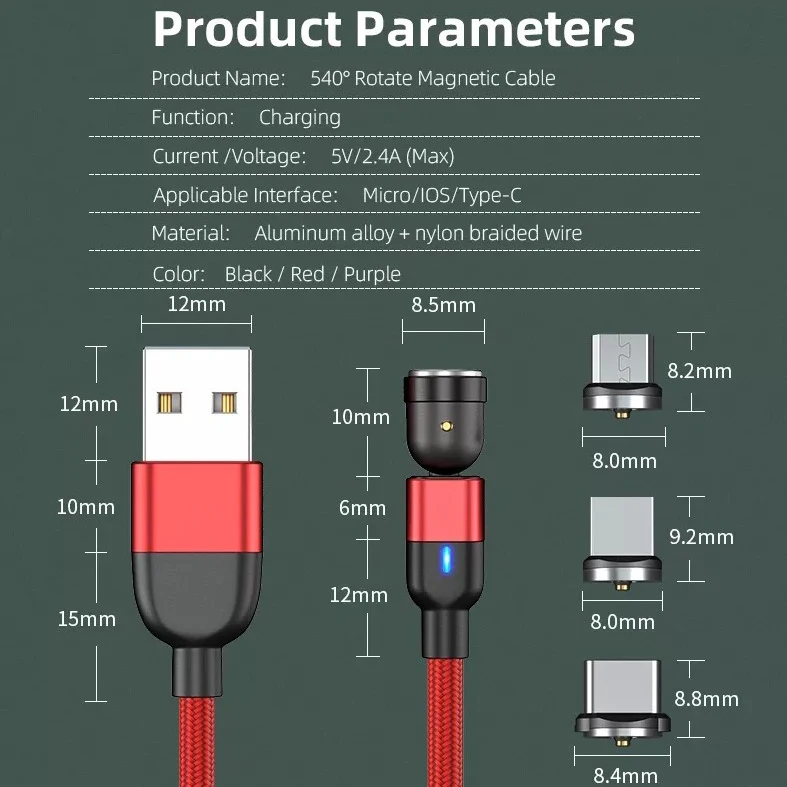 540 Rotating Magnetic Cable Charger 3 In 1 Nylon Braided Mobile Phone ...
