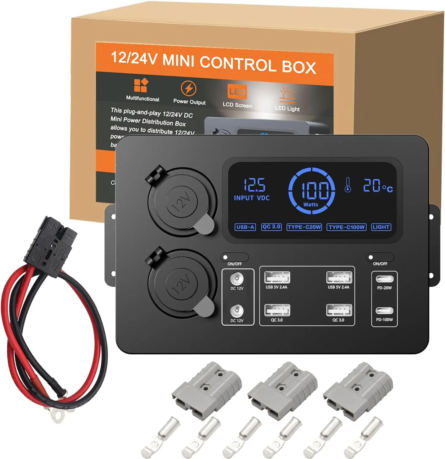 12V DC Power Outlet Box with USB, Type C, and Anderson Ports