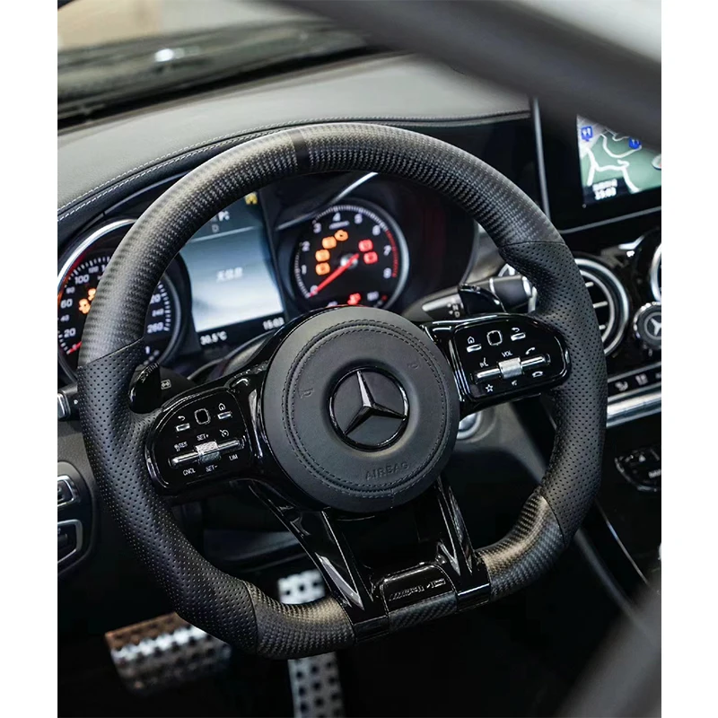 Racing Car Black Leather Carbon Steering Wheel for Amg Mercedes benz ...