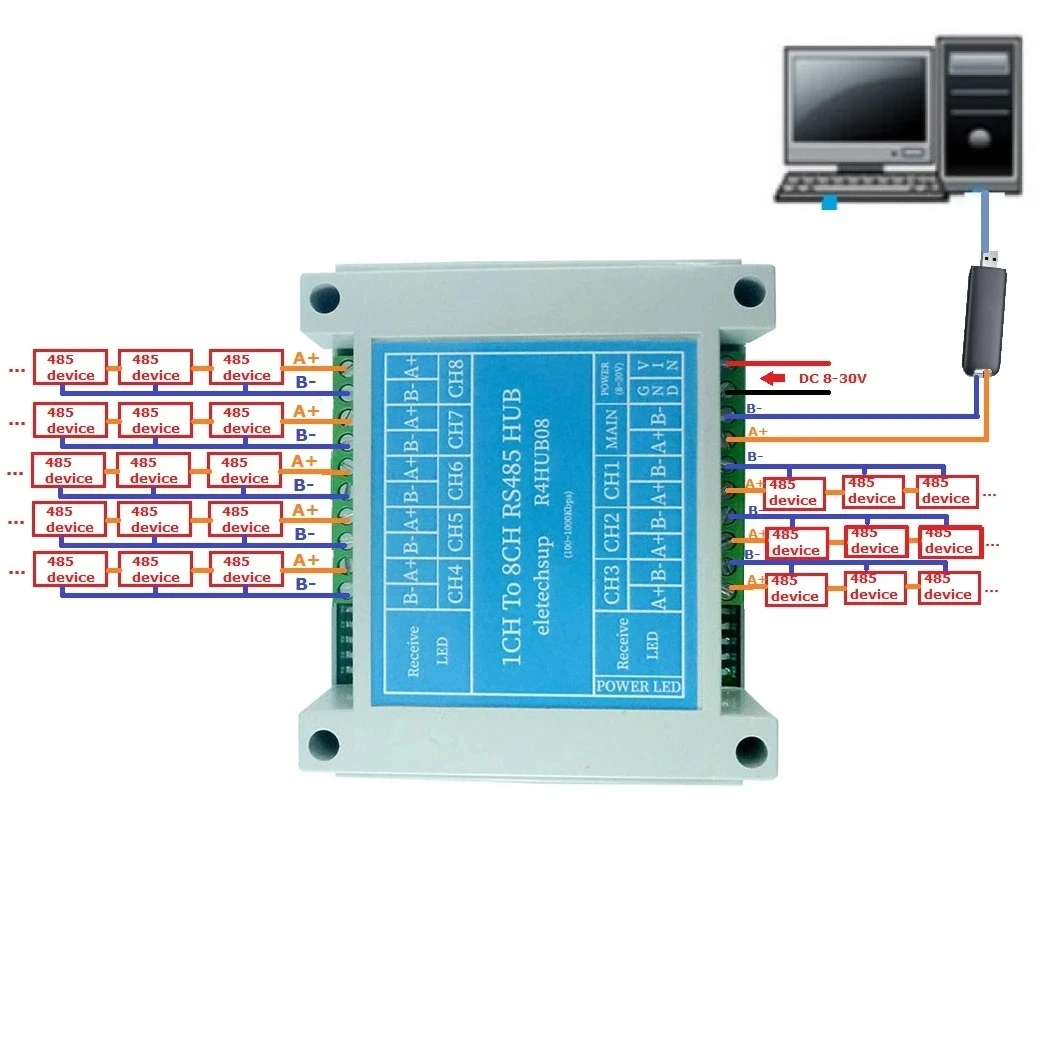 8 Port RS485 Hub Industrial Grade 485 Bus Repeater Serial Port Signal ...