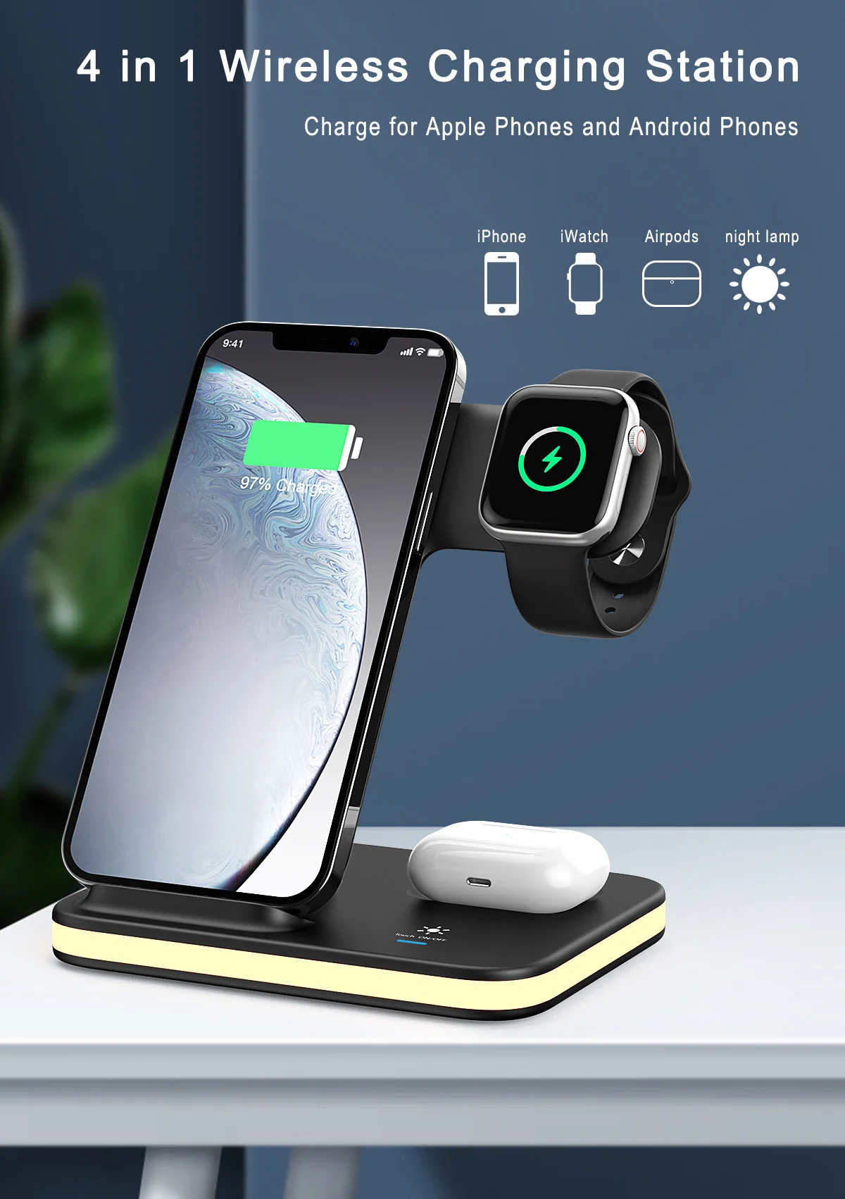 4 In 1 Wireless Charging Stand 15w Fast Charging 3 In 1 Lamp Wireless ...
