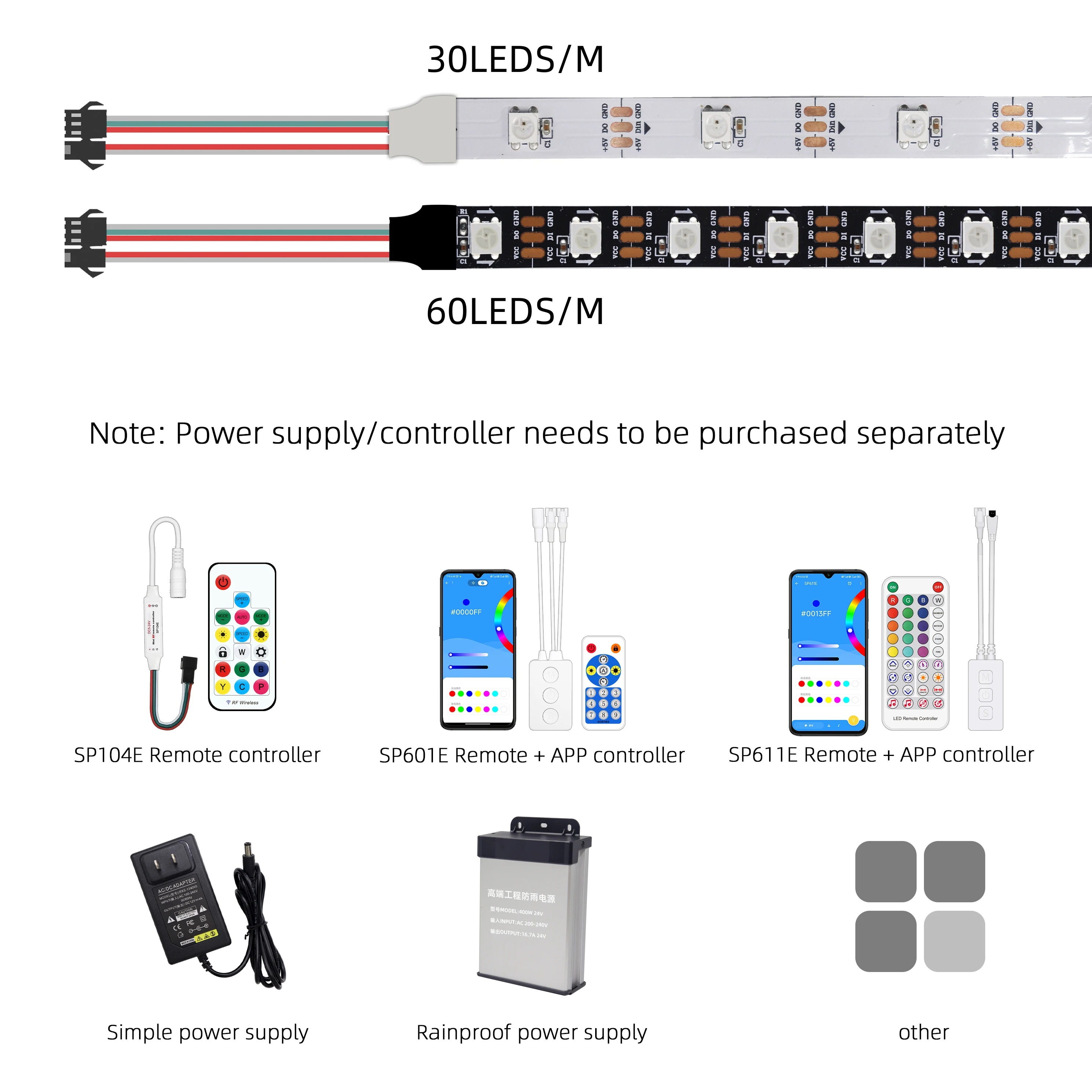 30 60 144leds Smart RGB Led Strip Light with App Control Remote 5V Led ...