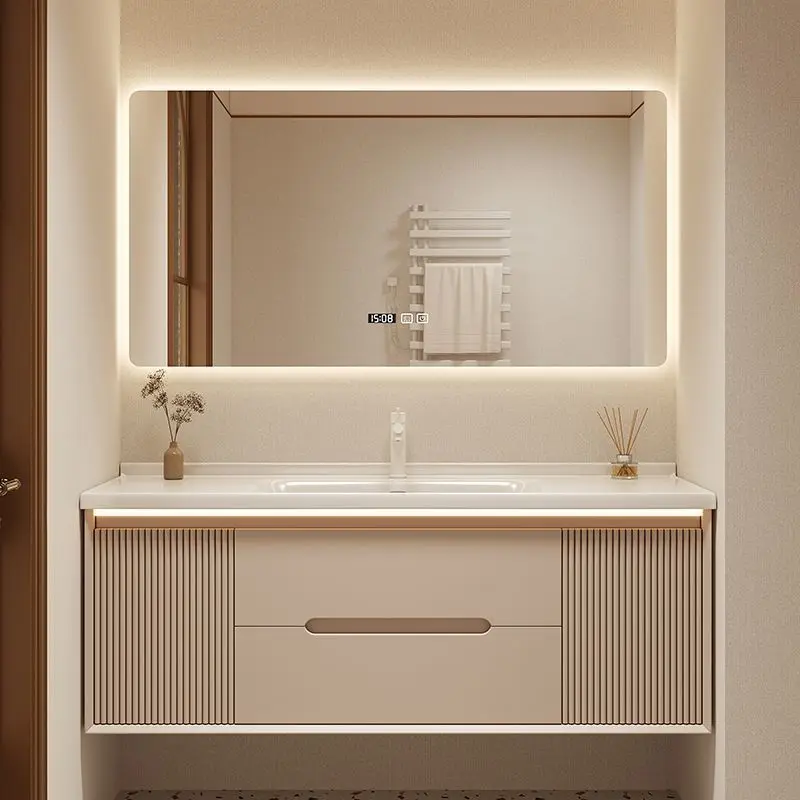 Modern Luxury Cream Wooden Bathroom Vanity Light Luxury Solid Wood PVC ...