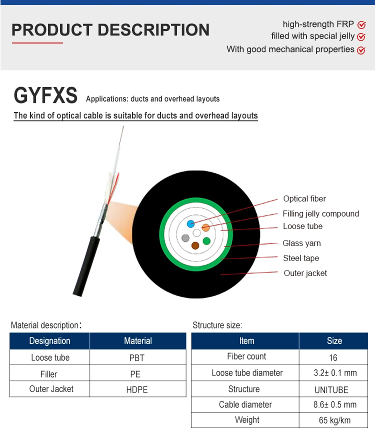 Outdoor GYFXS G652D 6 CORE Fiber Optic Cable for Overhead Communication ...