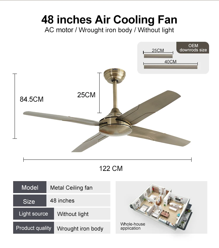 1stshine Ceiling Fan 4 Iron Blades Antirust High Speed AC Pure Motor ...