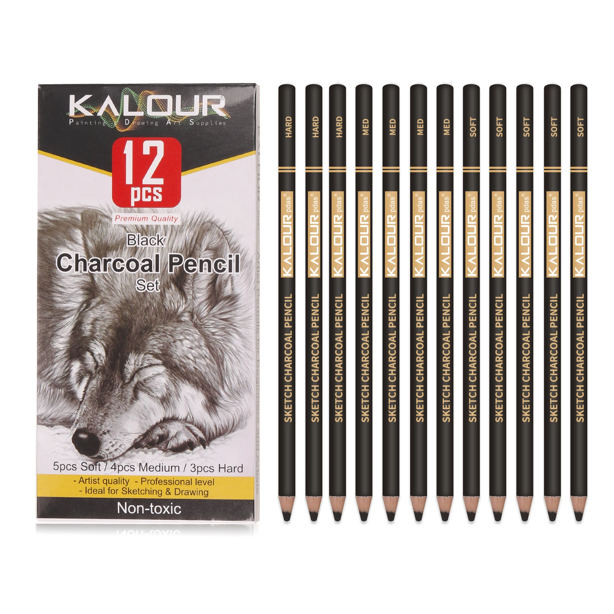 KALOUR High Grade Pastel Pencil Set - 12pcs Colored Charcoal
