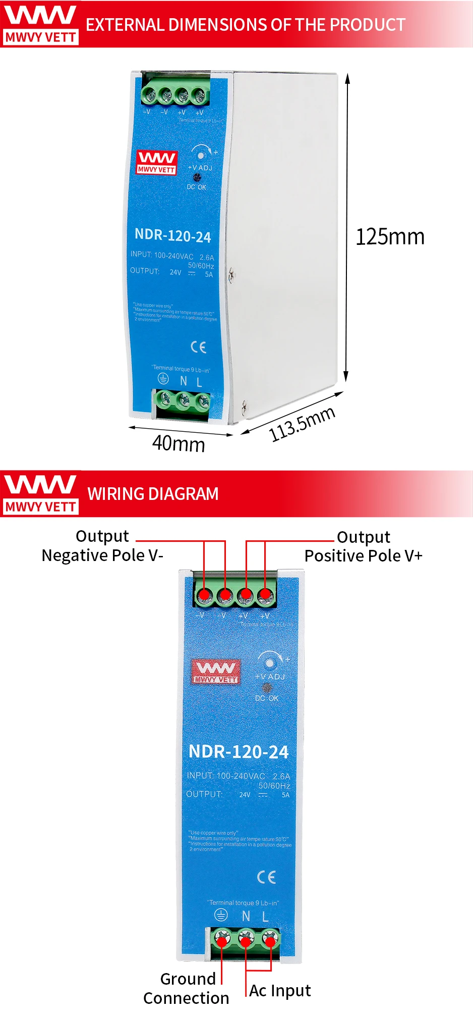 Guide Rail Switching Power Supply NDR-120W-24V 5A Card Rail DC Power ...