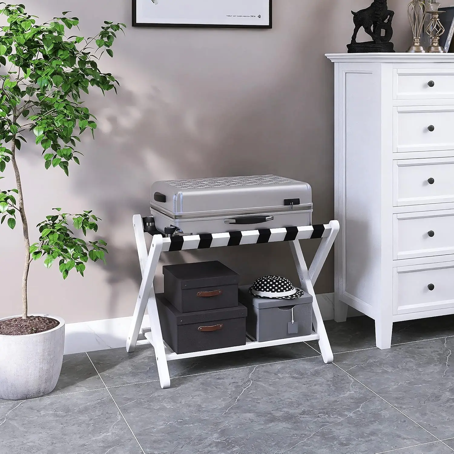 Fully Assembled White Luggage Rack For Guest Room,5 Straps Bamboo ...