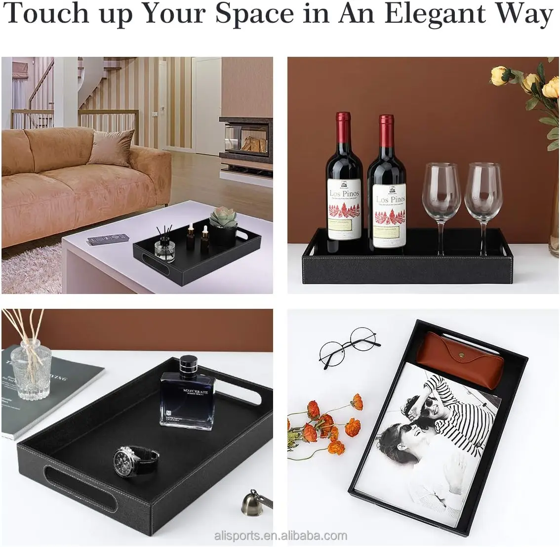 Custom Wide Handles Pu Leather Tray Black Leather Storage Tray ...