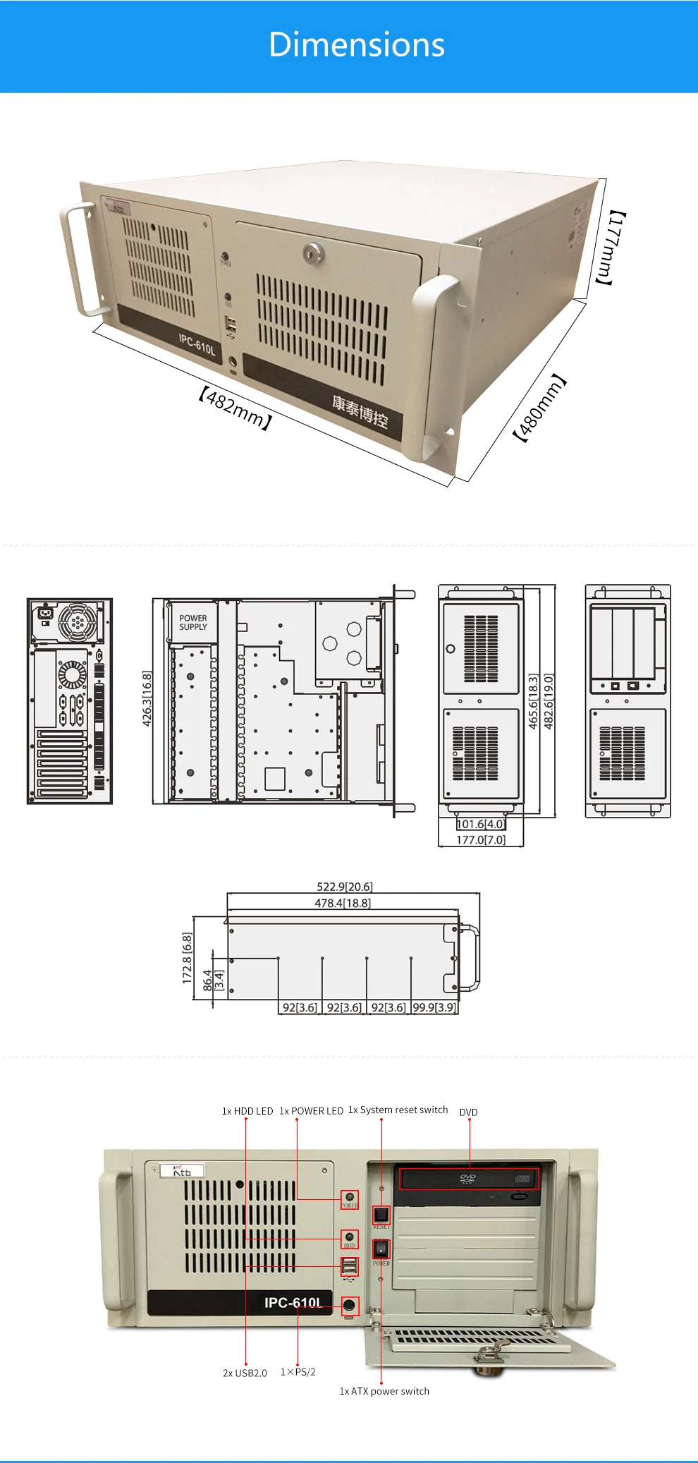 Ktb Ipc-610L 610H Win7/8/10/11 Linux I3/I5/I7/I9 Rackmount Industrial Computer Oem Odm 4U 19 ...