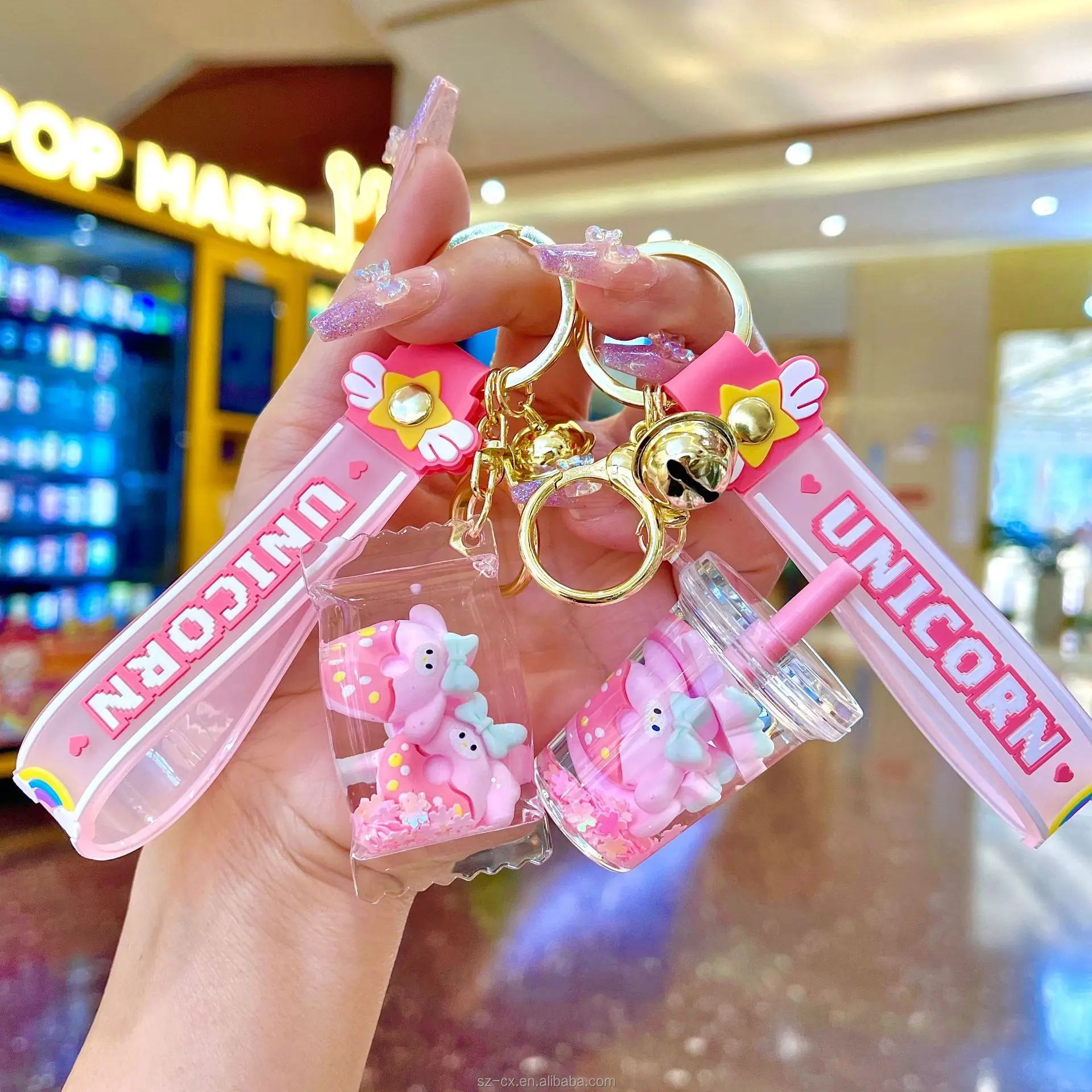 Kawaii Fashion Cute Pink Liquid Filled Cartoon Keychain Oil Floating ...