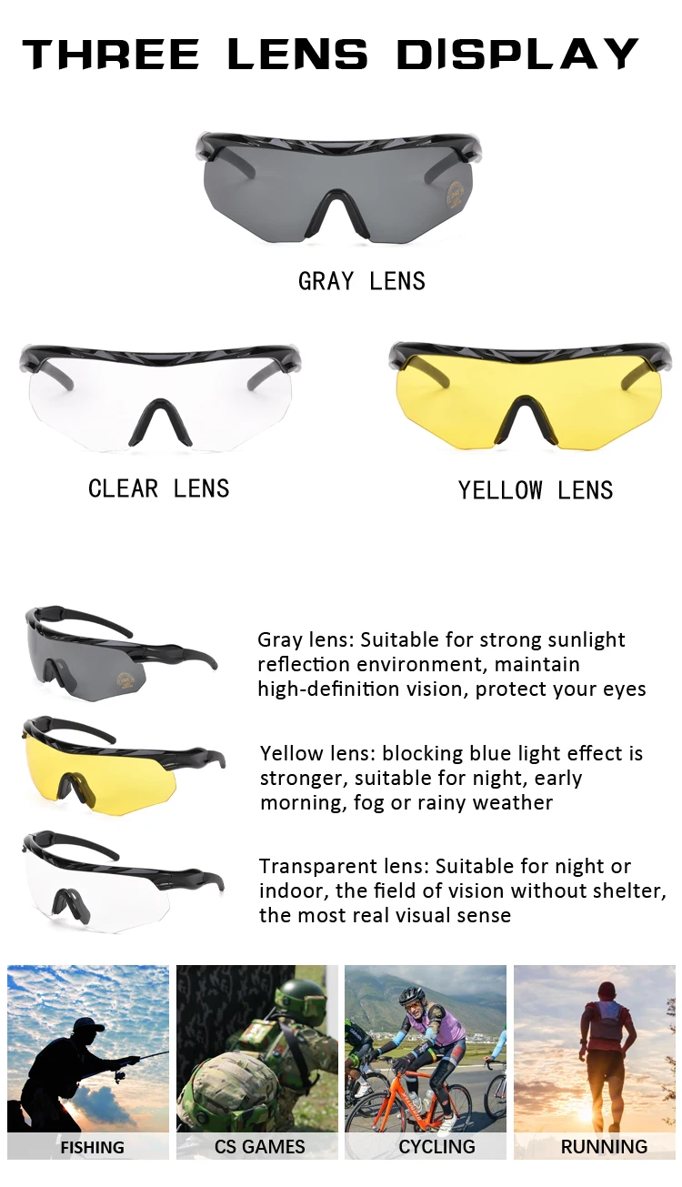 Explosion-proof Goggles 3 Lenses PC UV400 Tactical Shooting Glasses