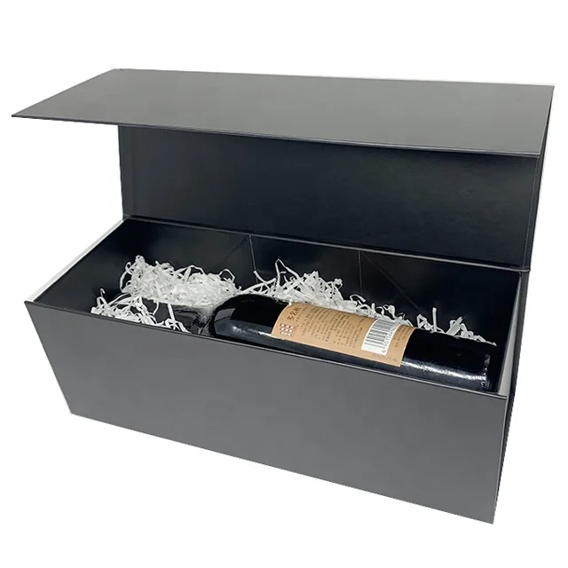 Custom Folding Magnetic Gift Box Black Luxury Wine Bottle Box Packaging ...