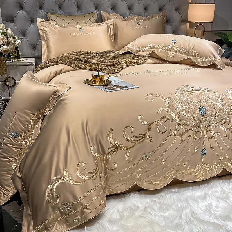 European-style King Size Embroidered Satin Tencel Four-piece Set Pure Cotton Bed Sheet Quilt ...