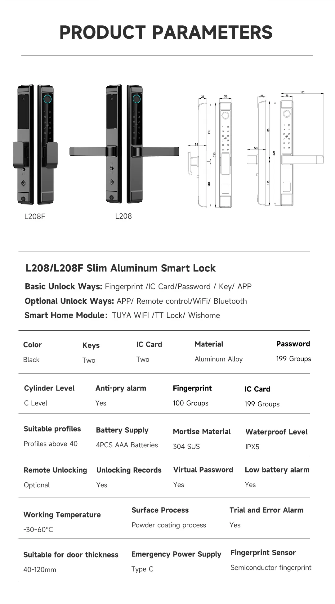 Aluminum Smart Door Lock with Tuya TTLOCK WiFi Fingerprint Password ...
