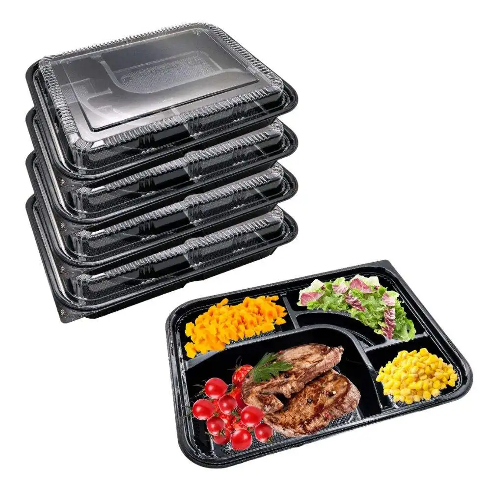 Five Compartment Plastic Food Packaging Container Disposable Carry Out Fruit Salad Lunch Bento ...