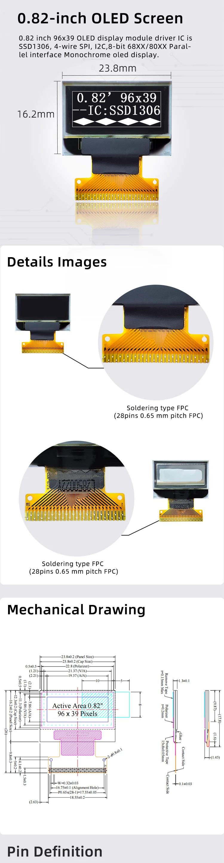 0.82 Inch Oled Display Module 96x39 Driver Ic Is Ssd1306 Spi/i2c Interface Monochrome Oled ...