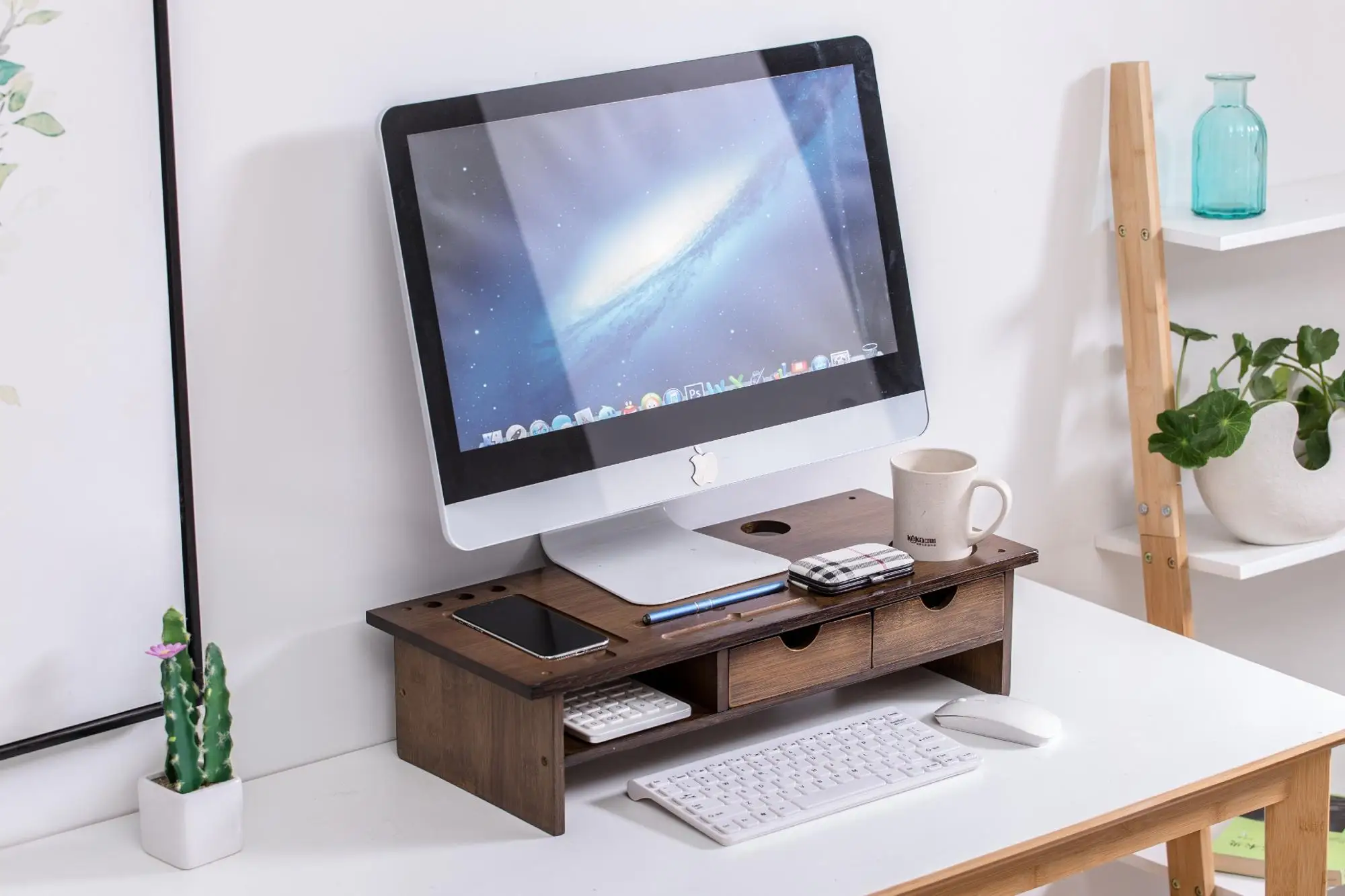 Bamboo Monitor Stand Riser With Storage Organizer Office Computer Desk ...