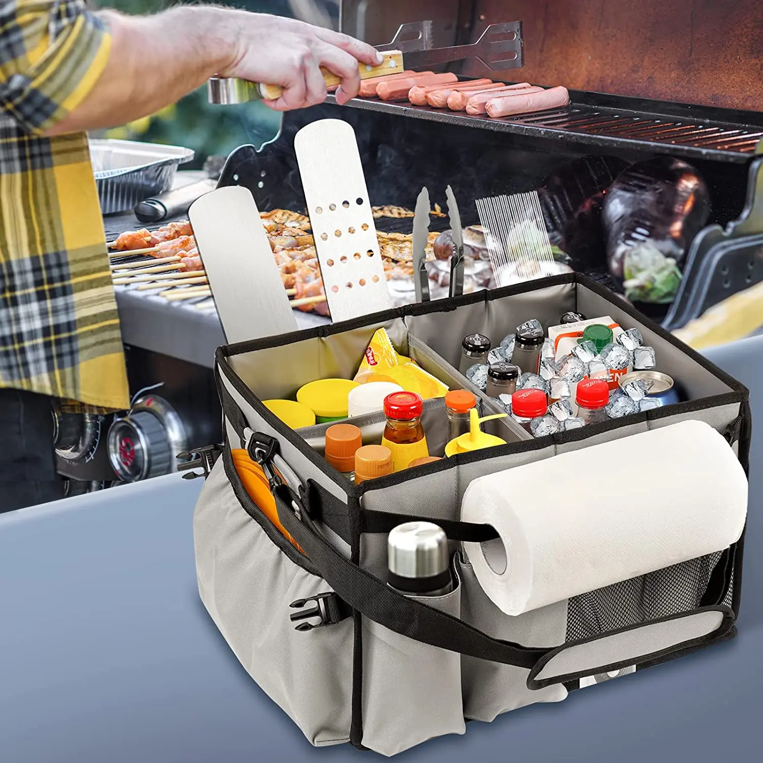 Large Grill and Picnic Caddy with Condiment Pocket and Paper Towel ...