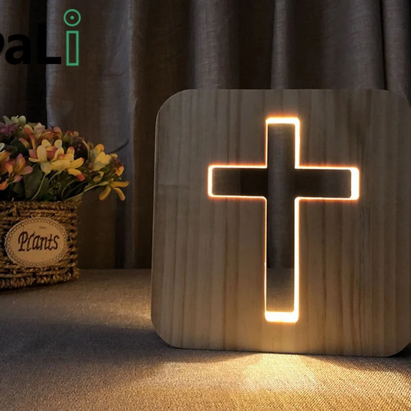 Cross Wooden 3D Illusion LED Night Table Lamp Mood Light