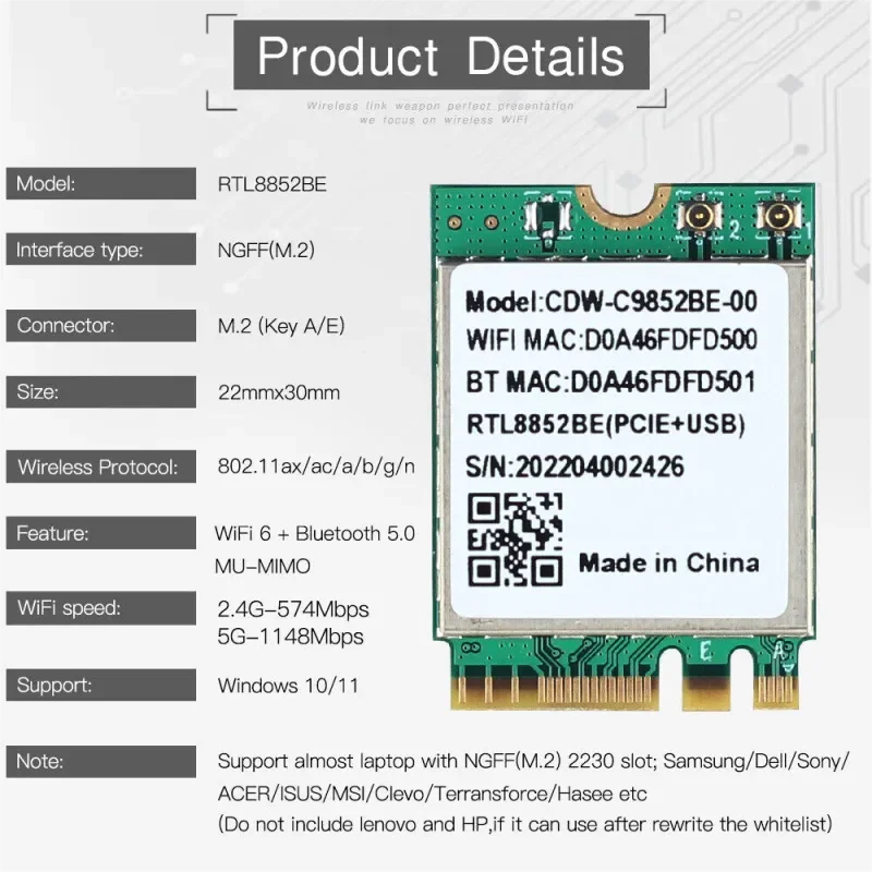 Wi-Fi 6 module CDW-C9852BE Realtek RTL8852BE NGFF M.2 2230 wifi card 2 ...