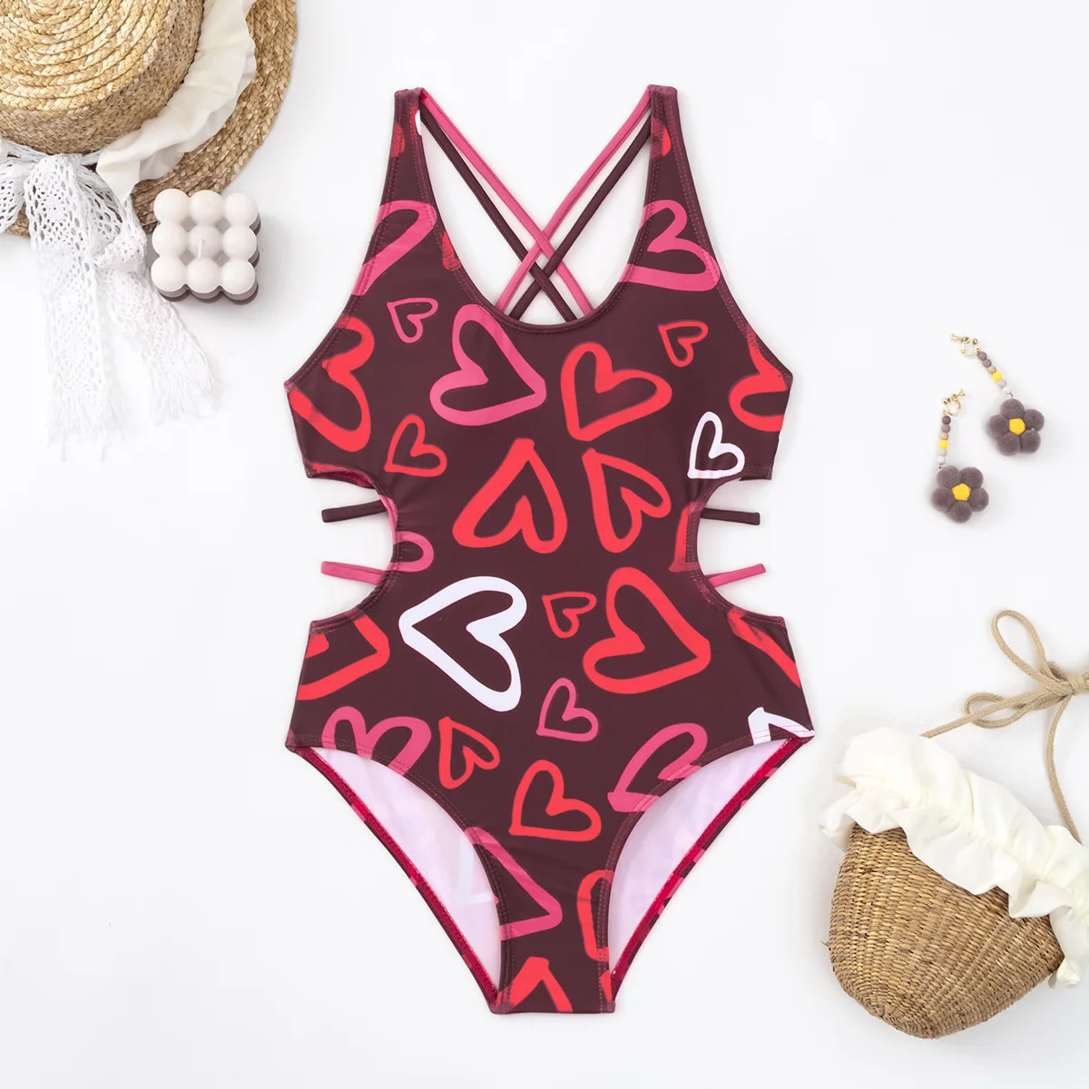 Girls Swimwear,One Piece Girls Swimsuit Junior Heart Print Children Kid ...