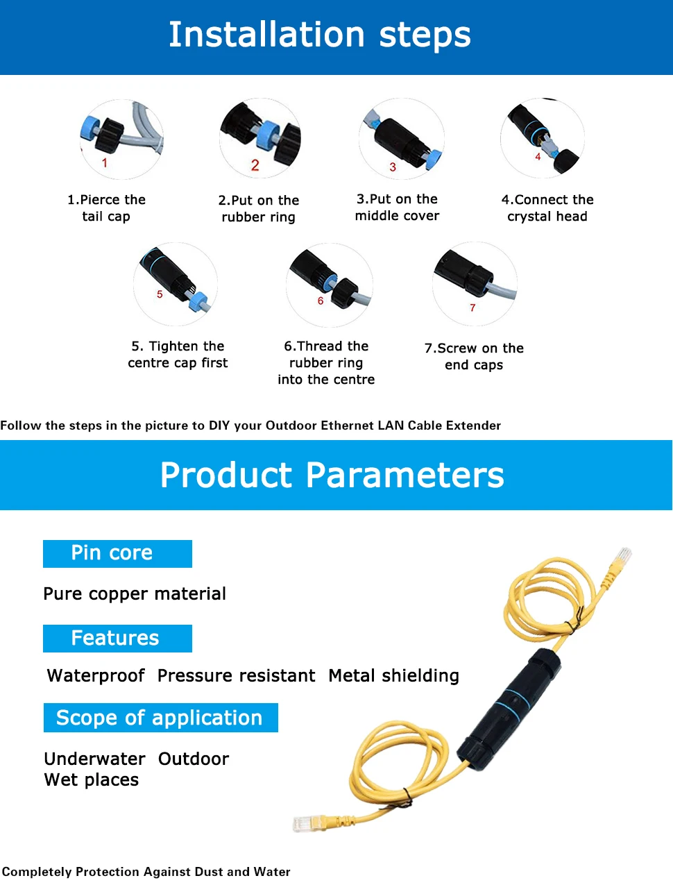 Head Outdoor Ethernet LAN Cable Coupler - Waterproof RJ45