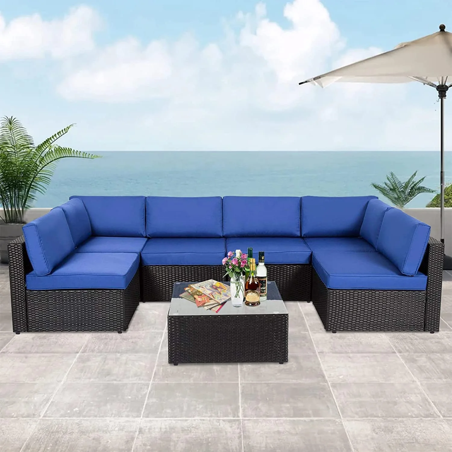Outdoor Furniture All-Weather Sectional Wicker Sofa Set 7 PCs Patio ...