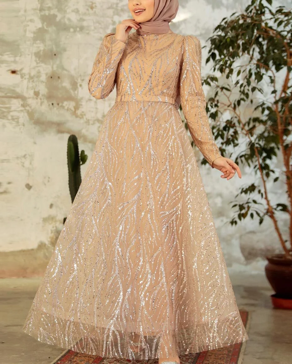 Custom Muslim Female Modest Elegant Evening Dinner Dress Ethnic Sequins ...