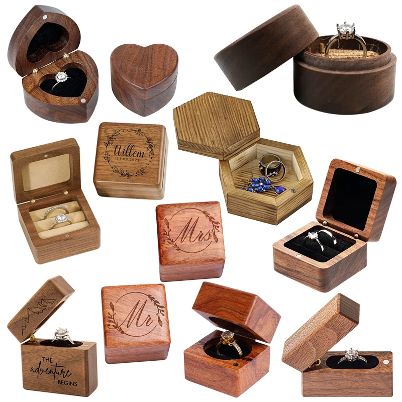 Custom Various Shapes Solid Jewellery Wood Ring Box Double Slot
