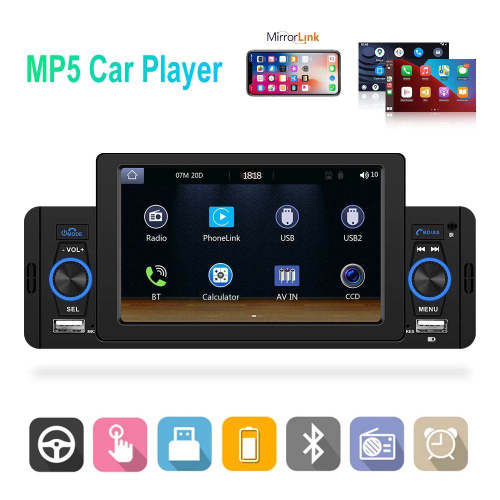 Podofo 5 Inch Car Radio - Carplay & Android Auto Stereo
