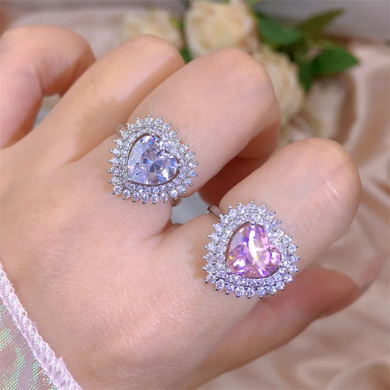 Luxury Super Sparkling Large Pink Zircon Heart Ring for Women