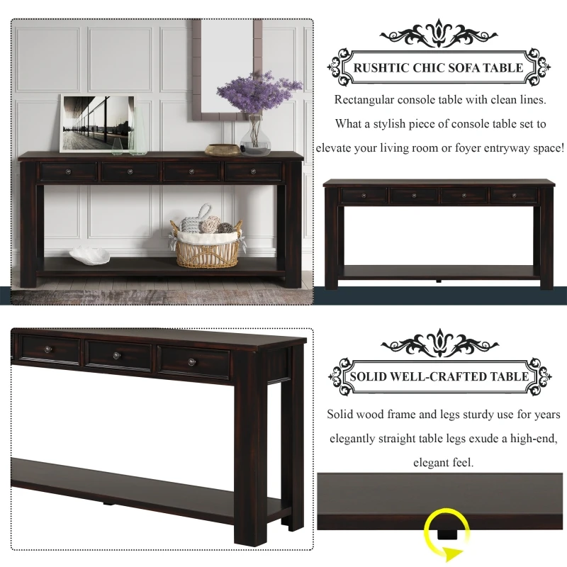 63" Pine Wood Console Table Long Sofa Table With 4 Drawers And 1 Bottom Shelf For Entryway ...
