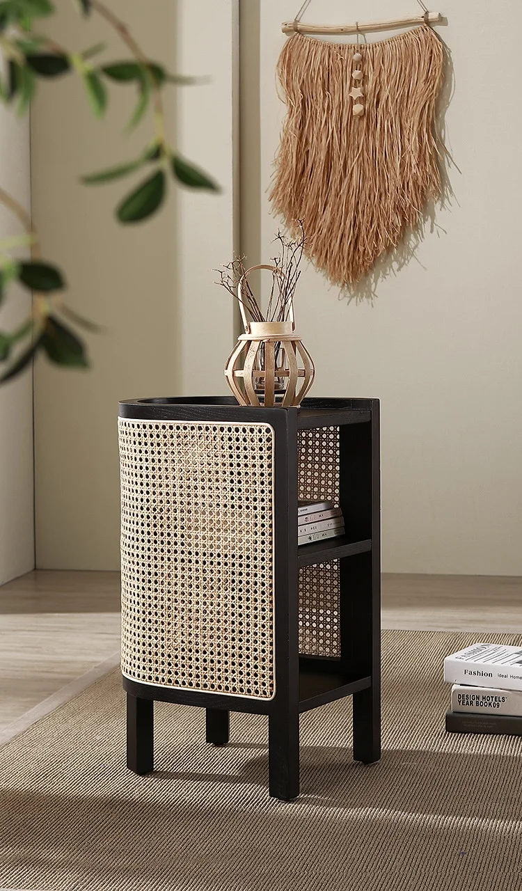 Japanese Style Solid Wood Rattan Bedside Table and Side Cabinet Locker