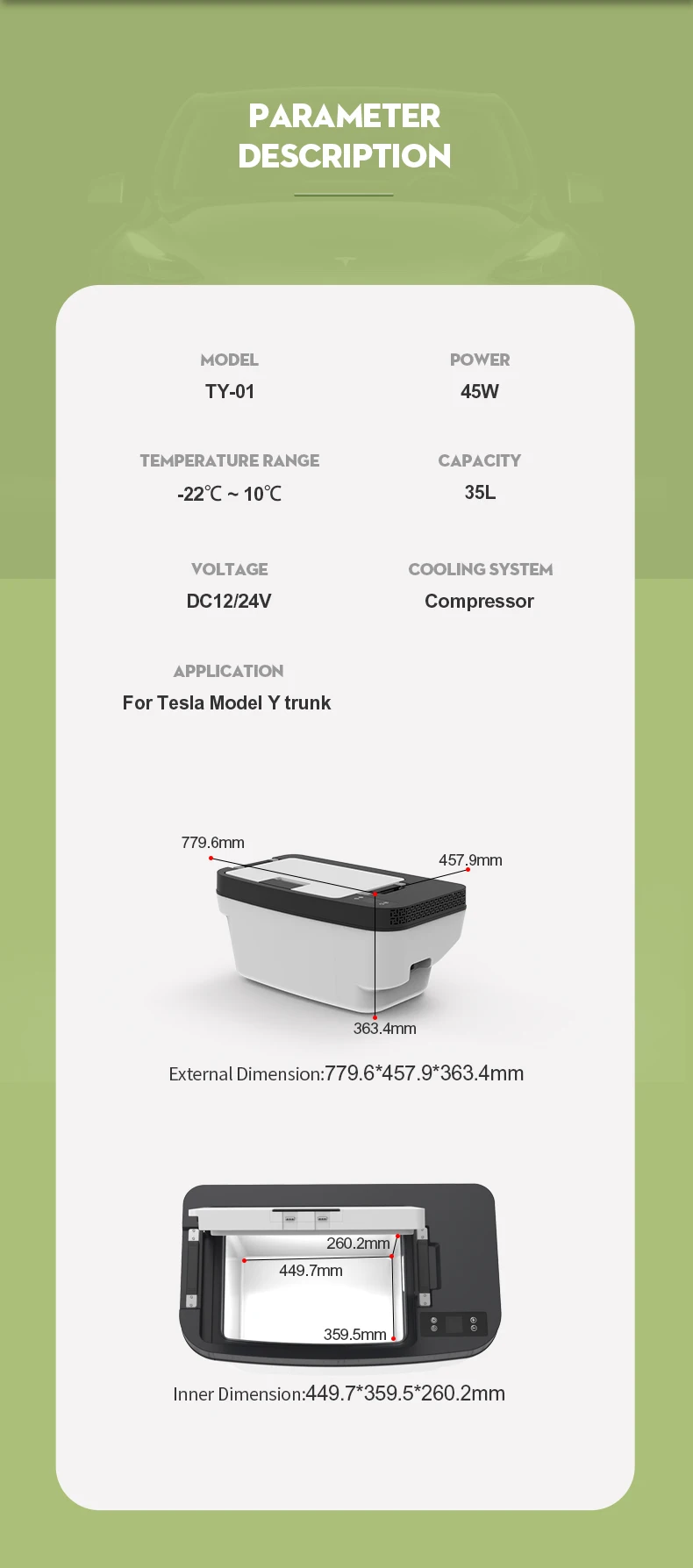 Tesla 35L Portable Car Cooler Refrigerator -22 to 10℃ OEM