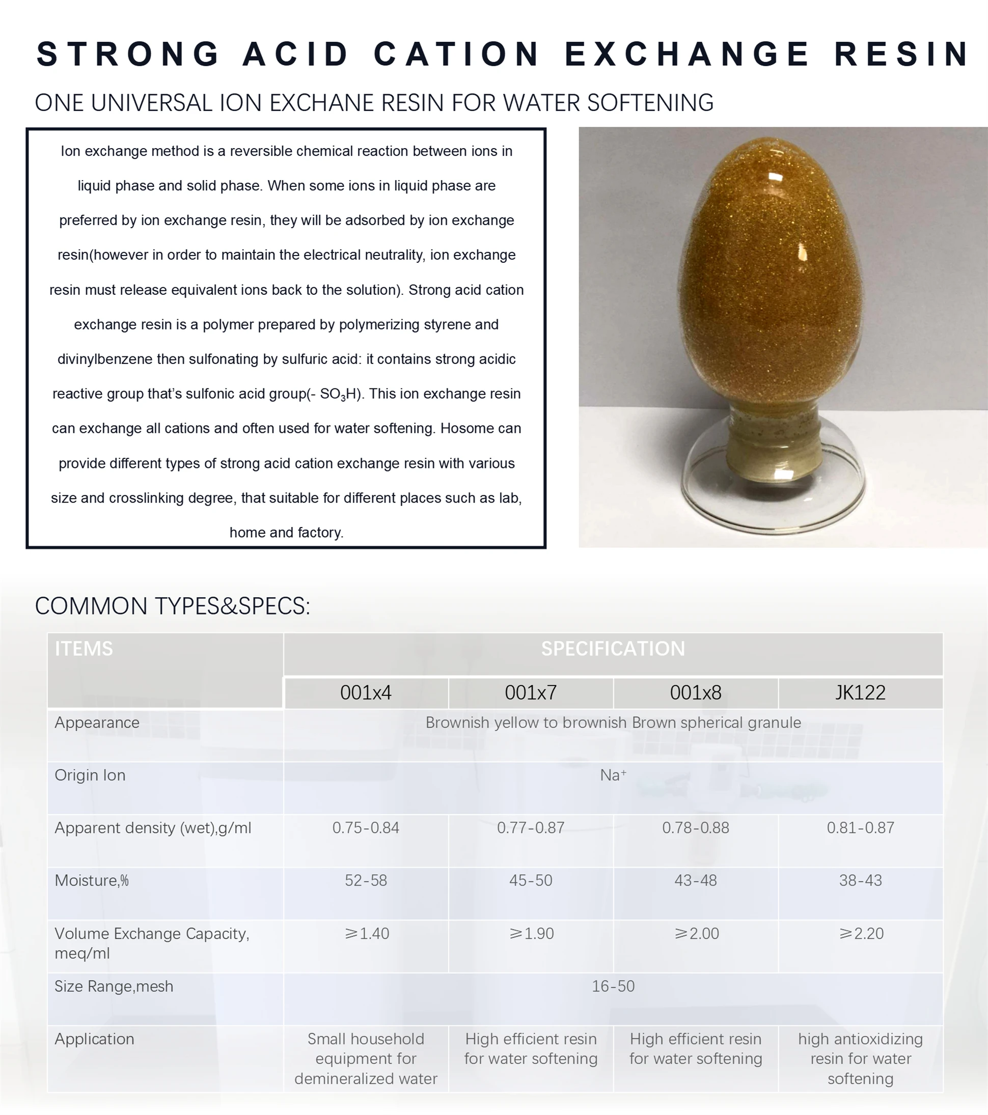 [HOSOME]Brownish Yellow Strong Acid Cation Exchange Resin Which Has ...