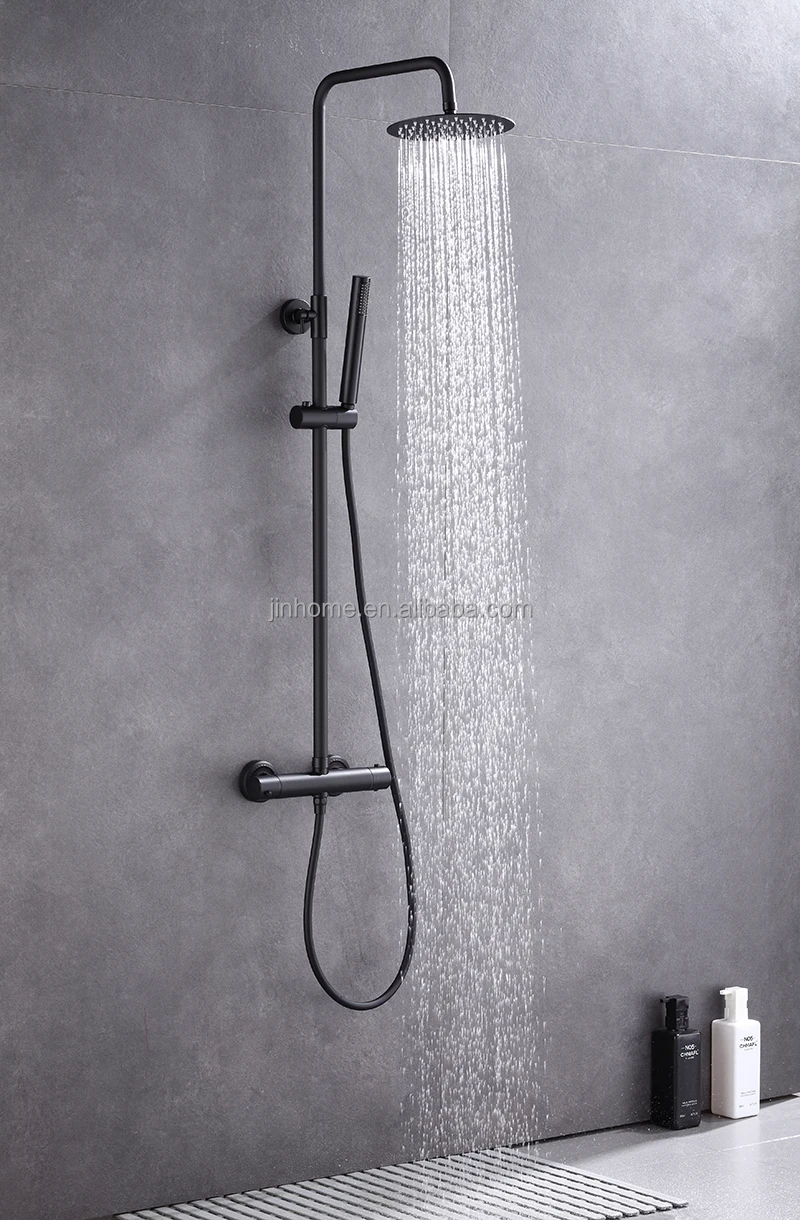 Round Overhead Rainfall Handheld Riser Rail Anti Scald Shower Kit Black ...