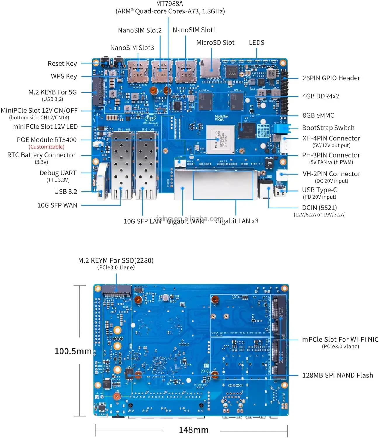 Wifi 7 Router Development Board with MT7988A - 2 SFP Support, 3-Month ...