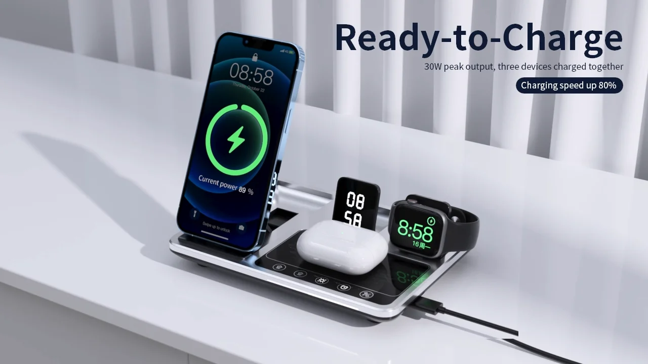 Time Display Wireless Charger With Type-c Cable 4 In 1 Multifunctional ...