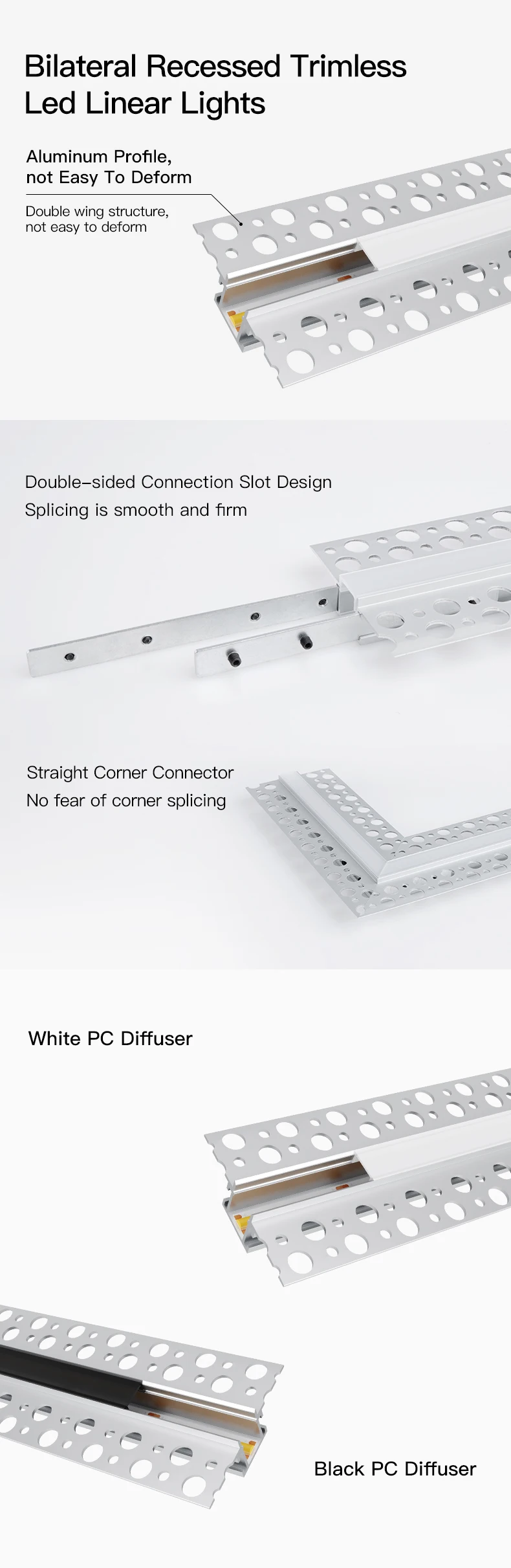 XRZLux Modern 10W/m LED Strip Light Recessed Drywall Aluminum Profile ...