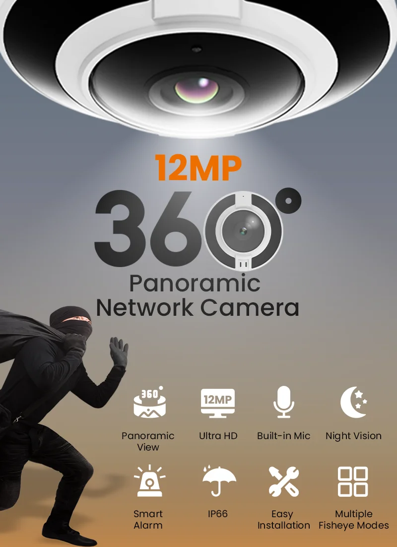 Ultra Hd 12mp Surveillance Poe Fisheye Lens Camera 360 Panoramic Night Vision Outdoor Waterproof ...