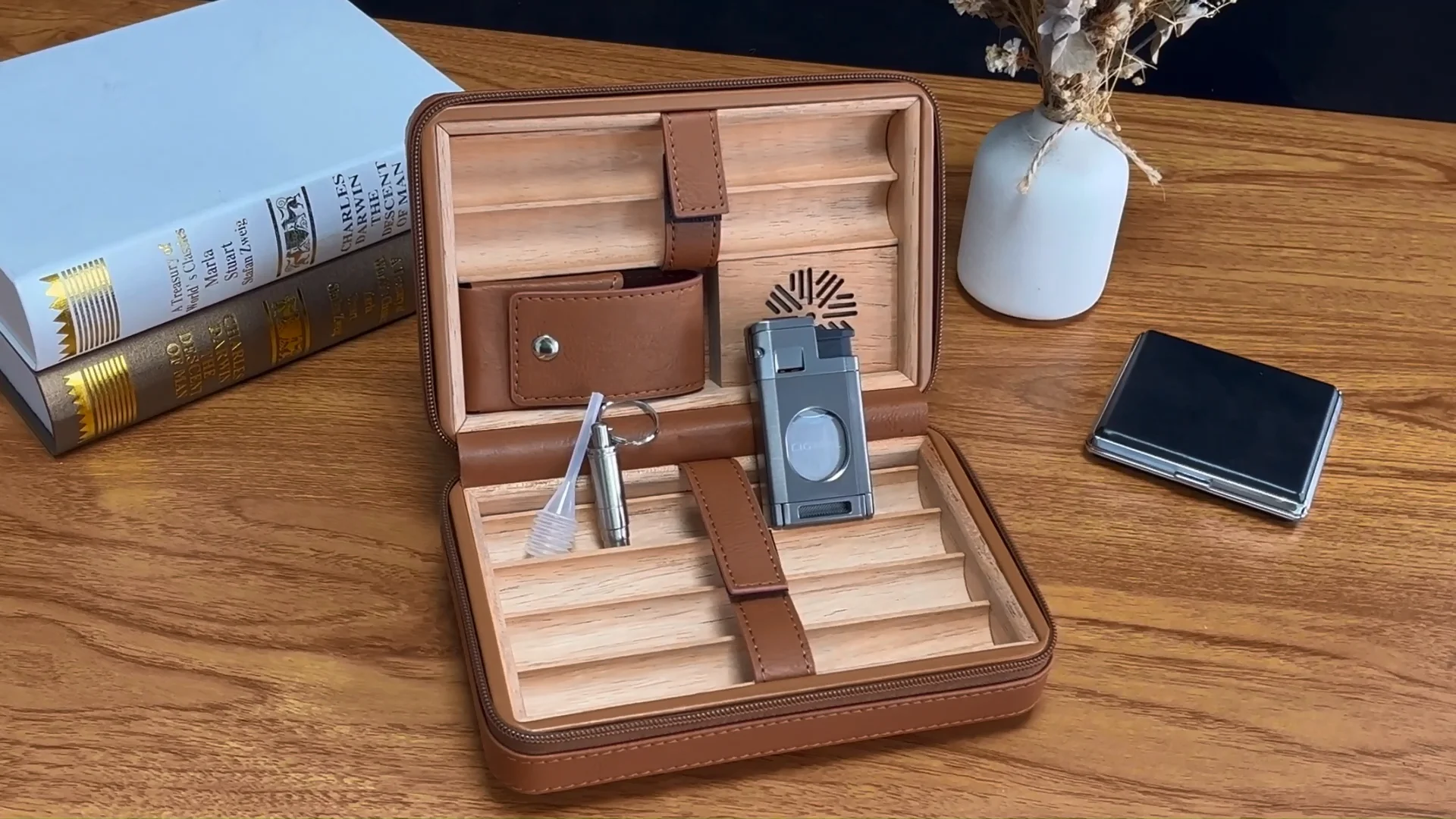 Factory Wholesale Cigar Travel Humidor Cedar Wood Leather Cigar Case ...