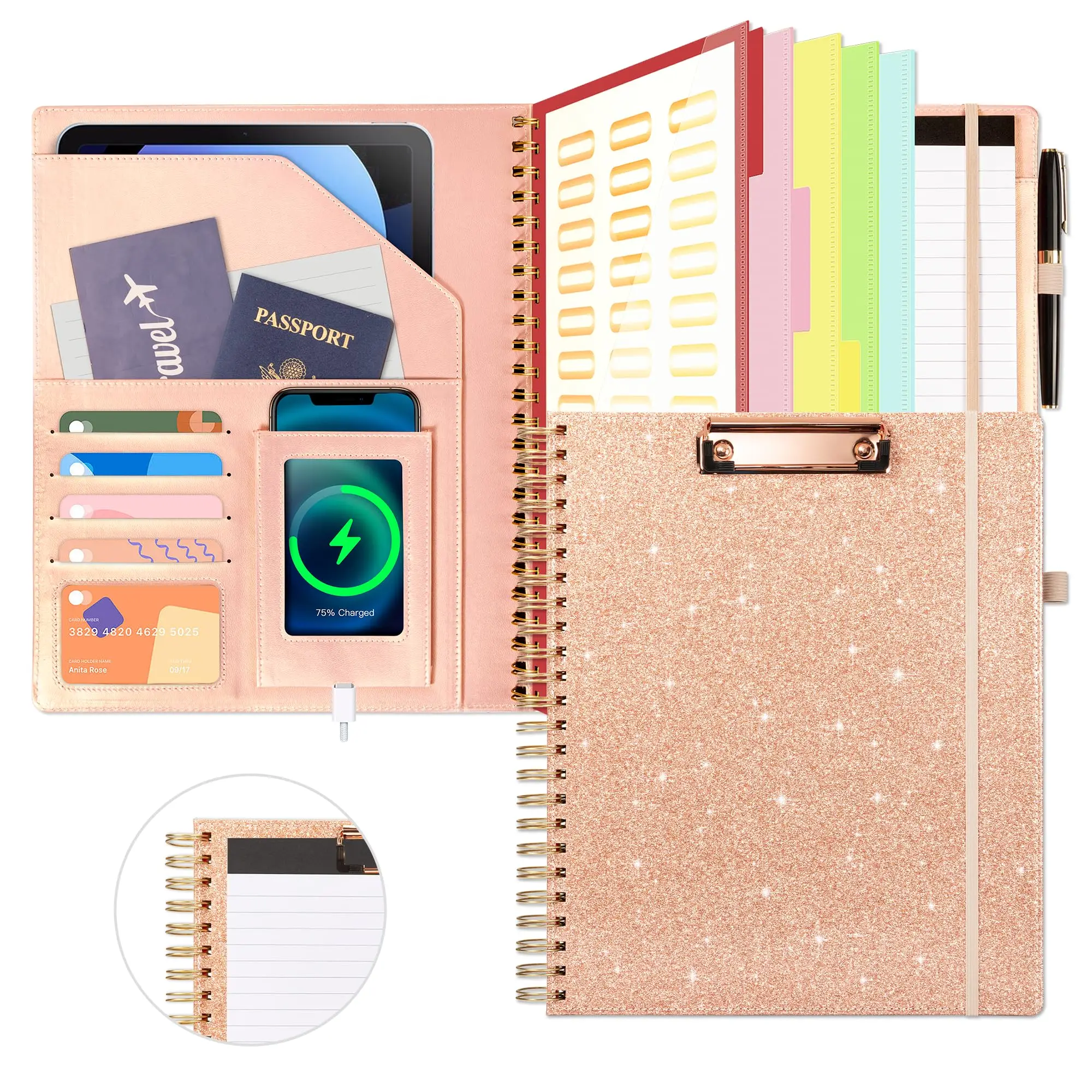 Pink Custom Colors and Text Gold Spiral Bound Leather Padfolio ...