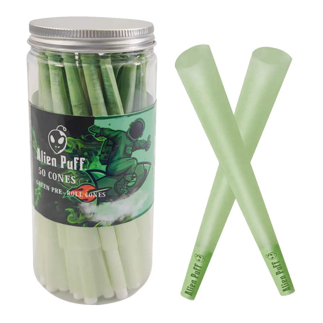 Alien Puff 109mm Green Rolled Cones 50 Cones Per Jar Smoking Rolling ...