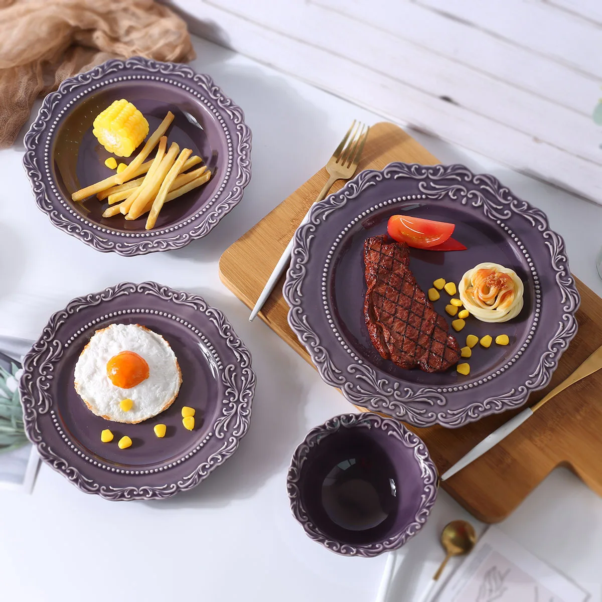 European Retro Ceramic Plate Dining Dish Set Fancy Embossed Purple Glazed Stoneware Banquet ...