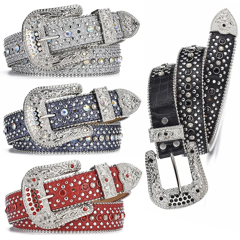 Womens Retro Bling Bling Bb Belt Studded Diamond Pu Leather Strap Skull ...
