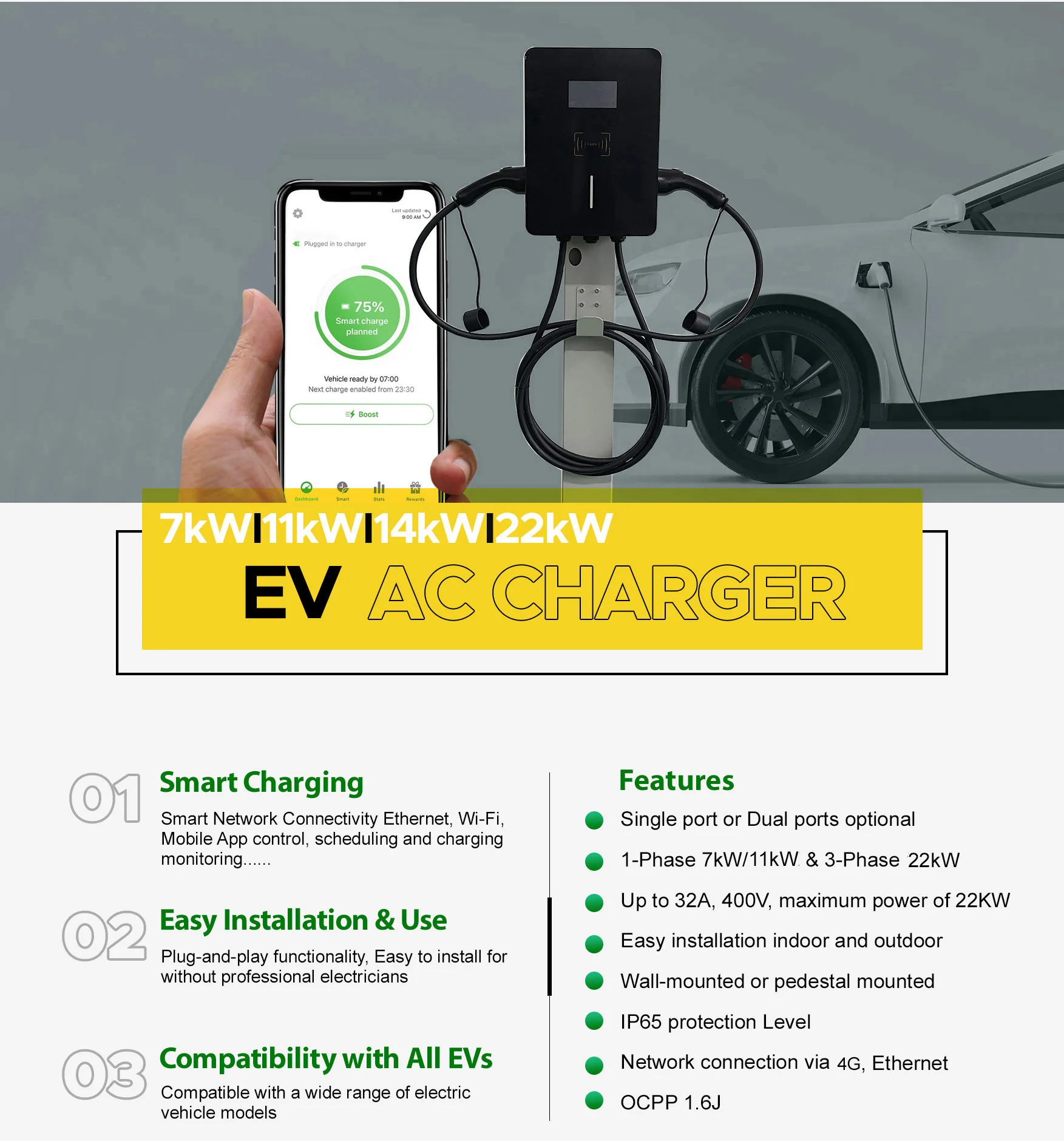 Home Wall-Mounted Ground Mounted AC Charger Type 2 EV Charging Pile ...