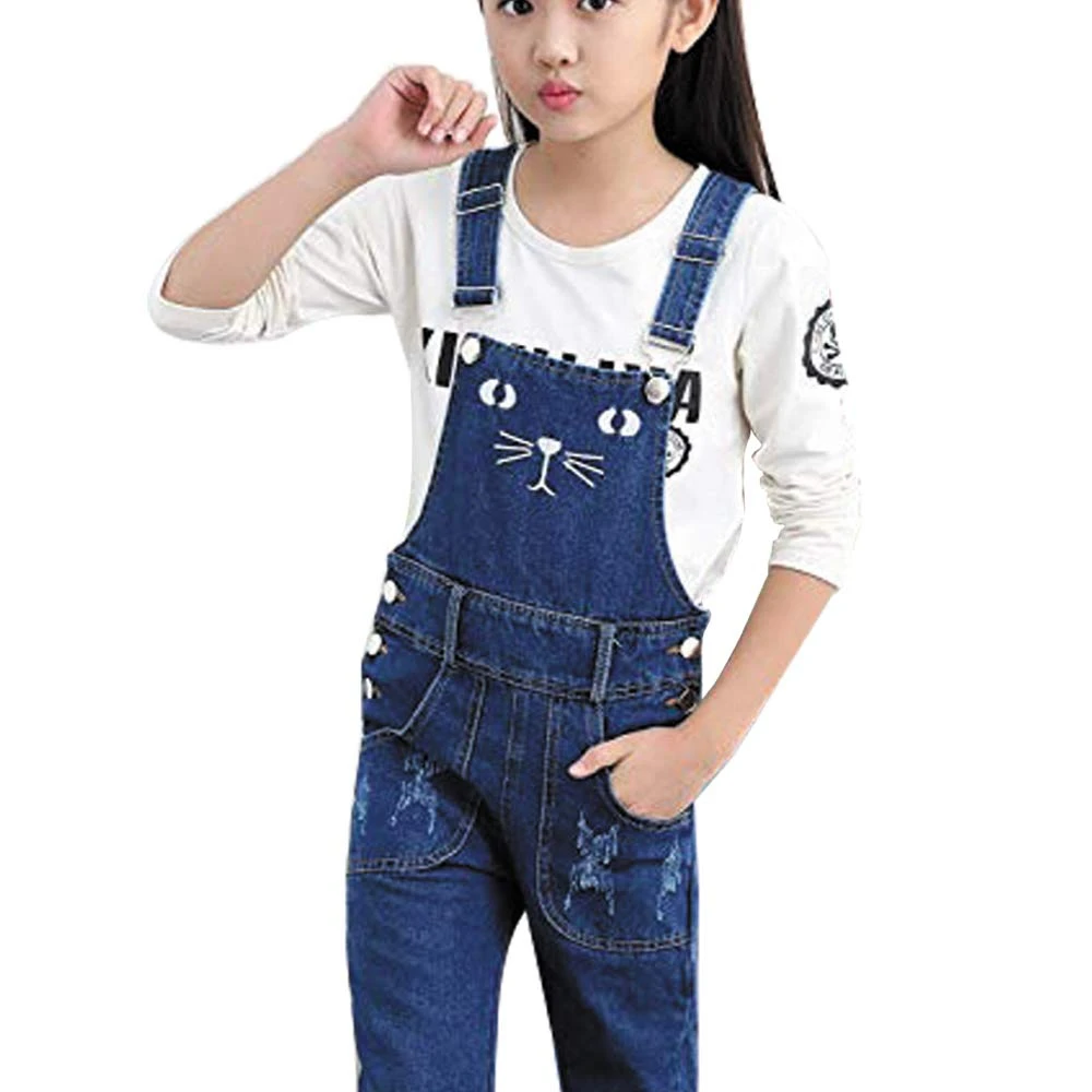 Girls Jumpsuits Distressed Bib Denim Overalls Blue Long Jeans Stretchy ...