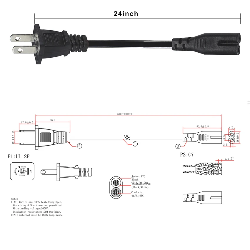 Iec Connector 2 Pin Ac Plug Kc American Usa 2pin Cable Nema 1-15p Iec320 Figure 8 Us C7 Power ...